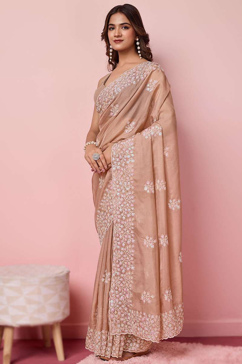 Dark Beige Sequins Embroidered Organza Lightweight Saree SARV179146