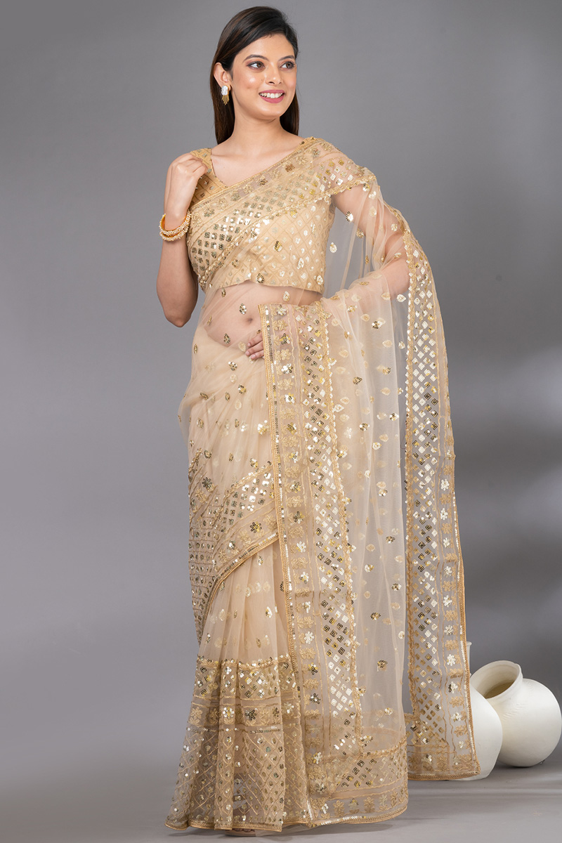 Dark Beige Sequins Embroidered Party Wear Net Saree SARV170438