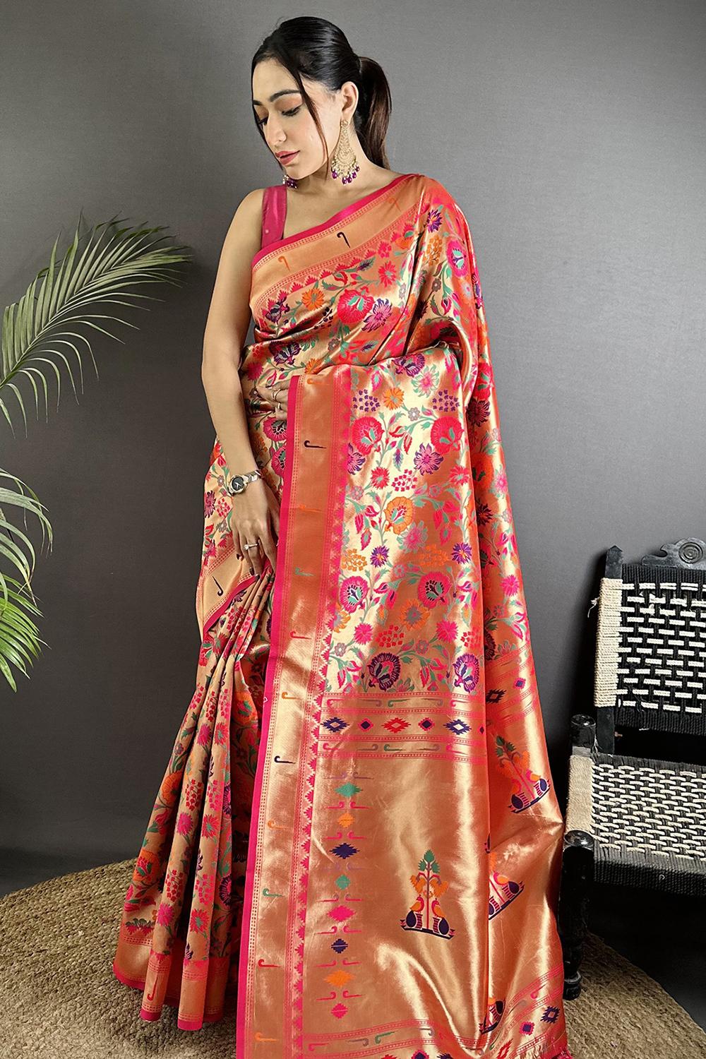 Dark Beige Soft Silk Paithani Saree With Weaved Work For Wedding ...