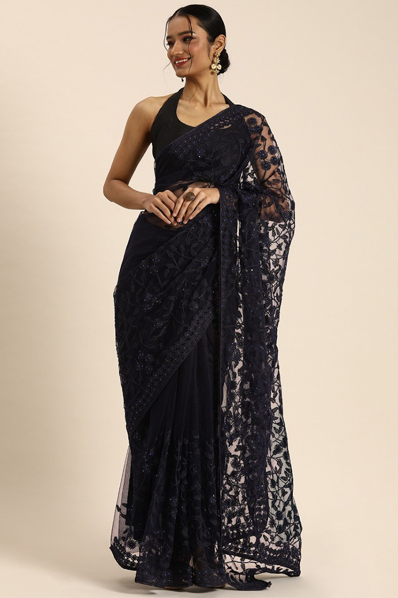 Wedding Boutique Online Dark Blue Net Embroidered Saree|SARV122496