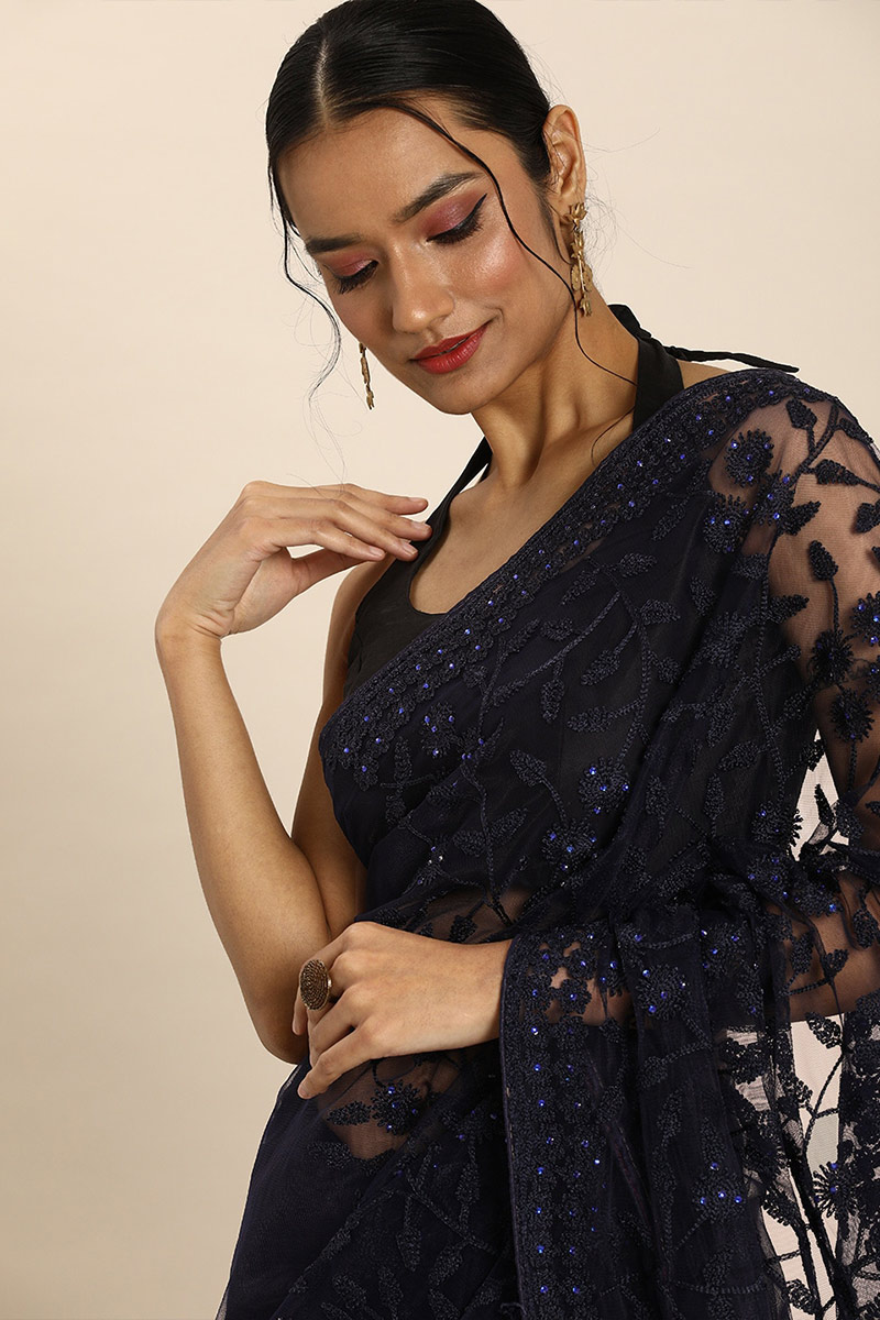 Wedding Boutique Online Dark Blue Net Embroidered Saree|SARV122496