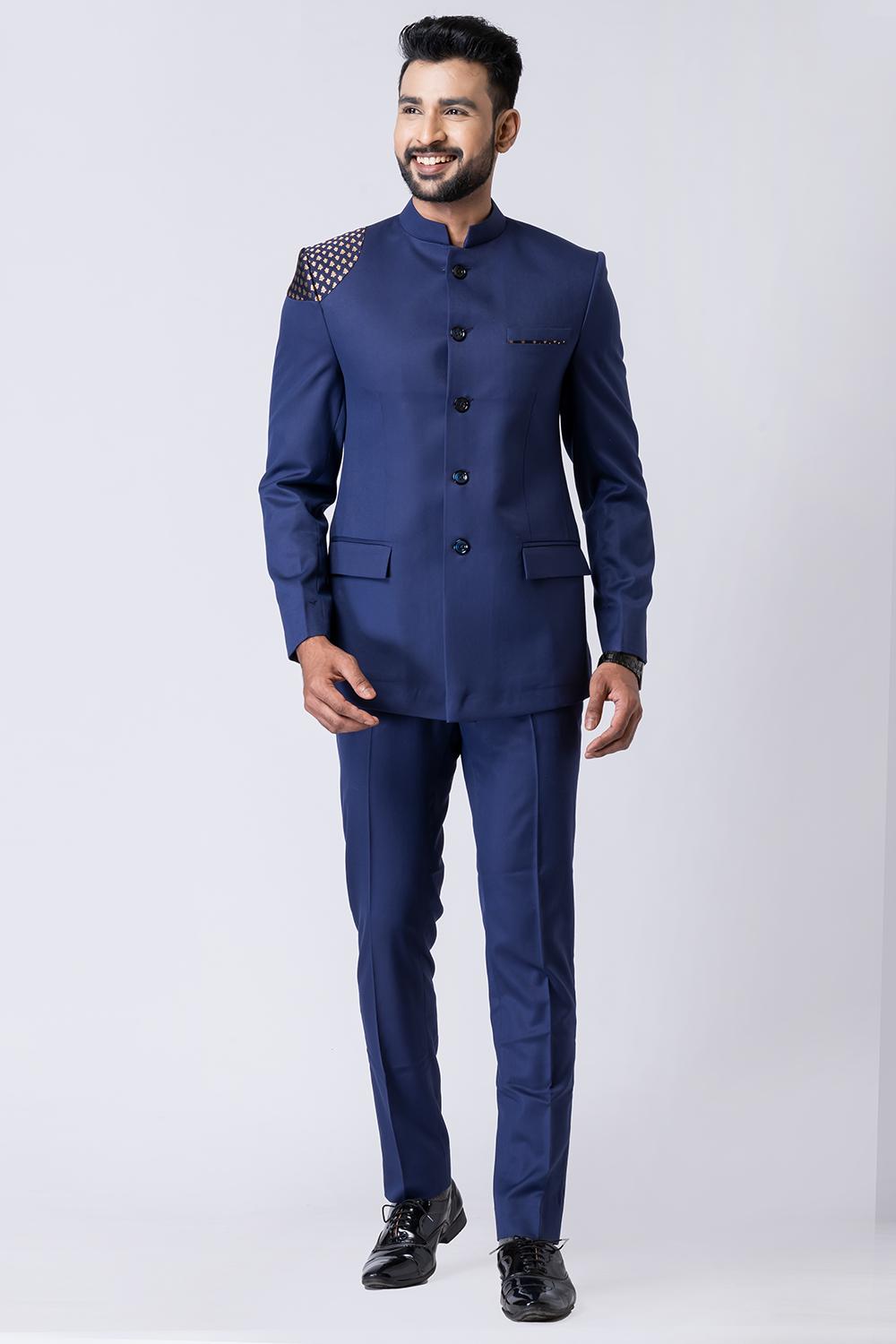 Dark Blue Plain Polyester Jodhpuri Style Men's Coat Pant MSTV04201