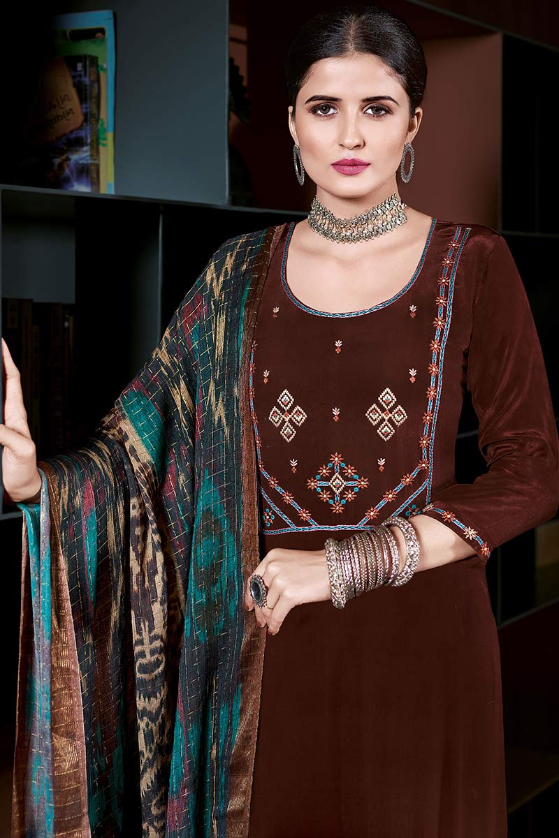 Buy Traditional Wear Crepe Dark Brown Sharara Suit LSTV114995