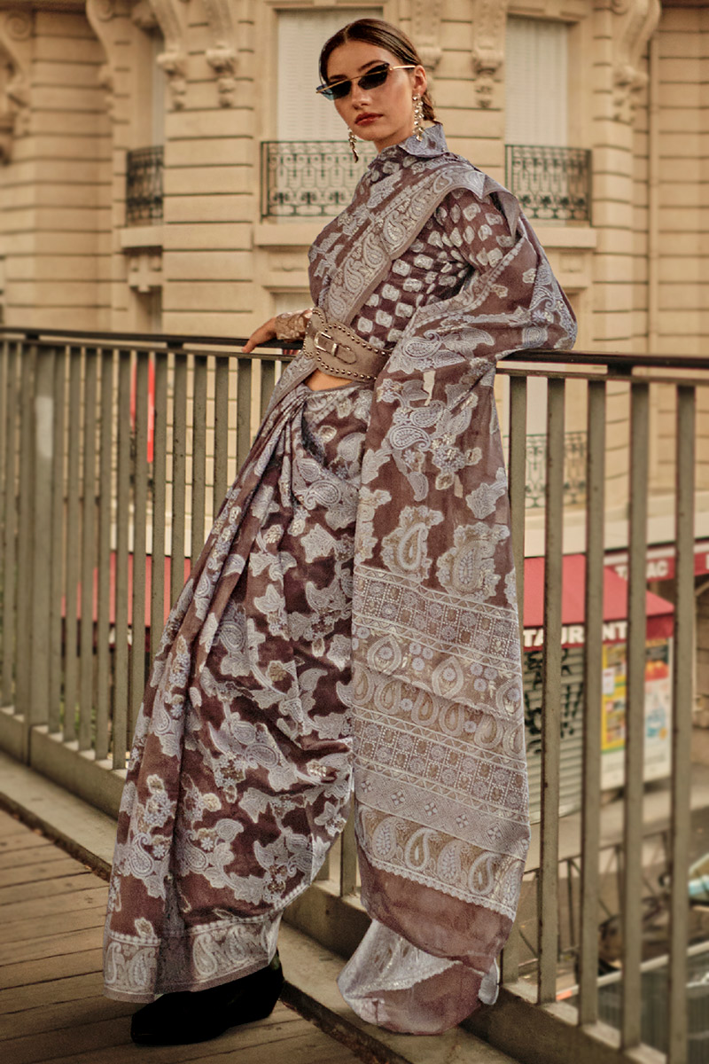 Dark Brown Organza Woven Zari Chanderi Saree |SARV163294