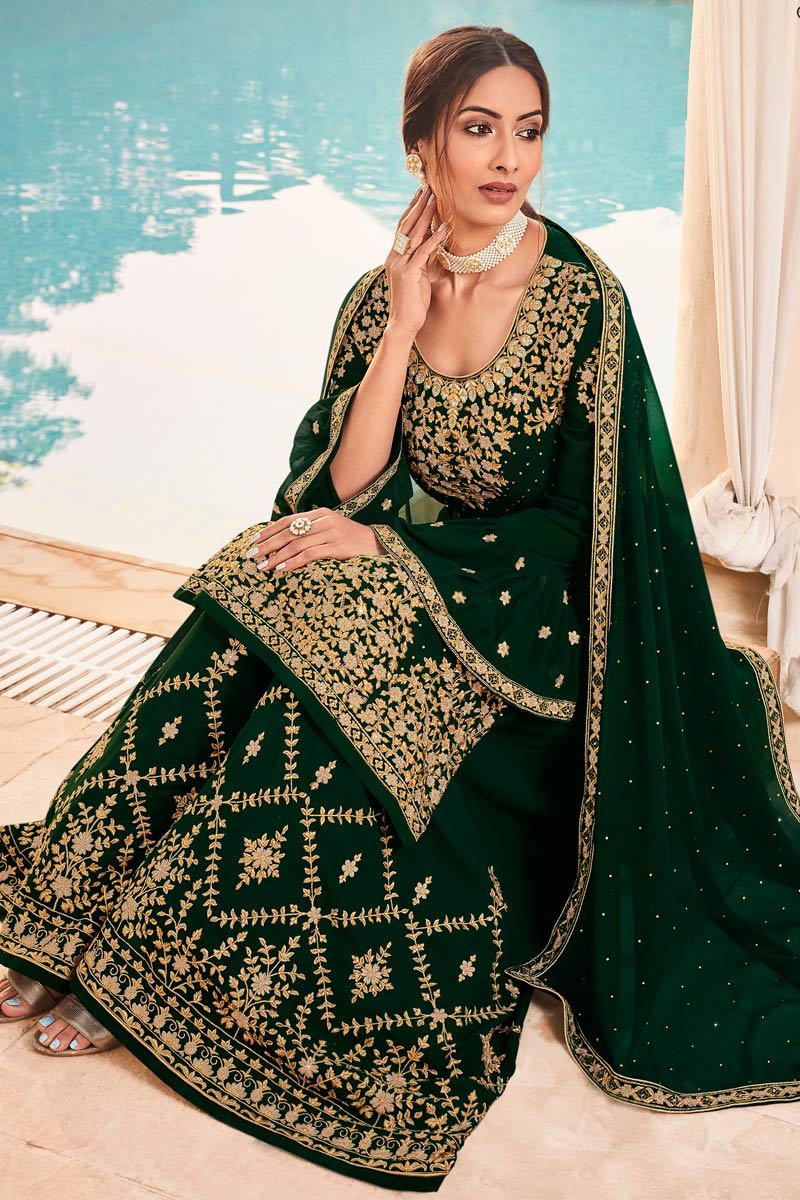 Dark Green Sharara Suit With Woven Zari work LSTV08993