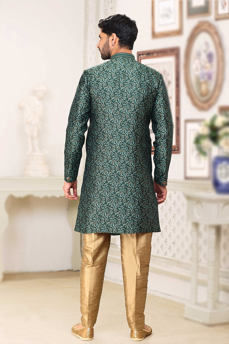 Dark Green Weaved Thread Jacquard Men's Sherwani Style Kurta MSTV02773