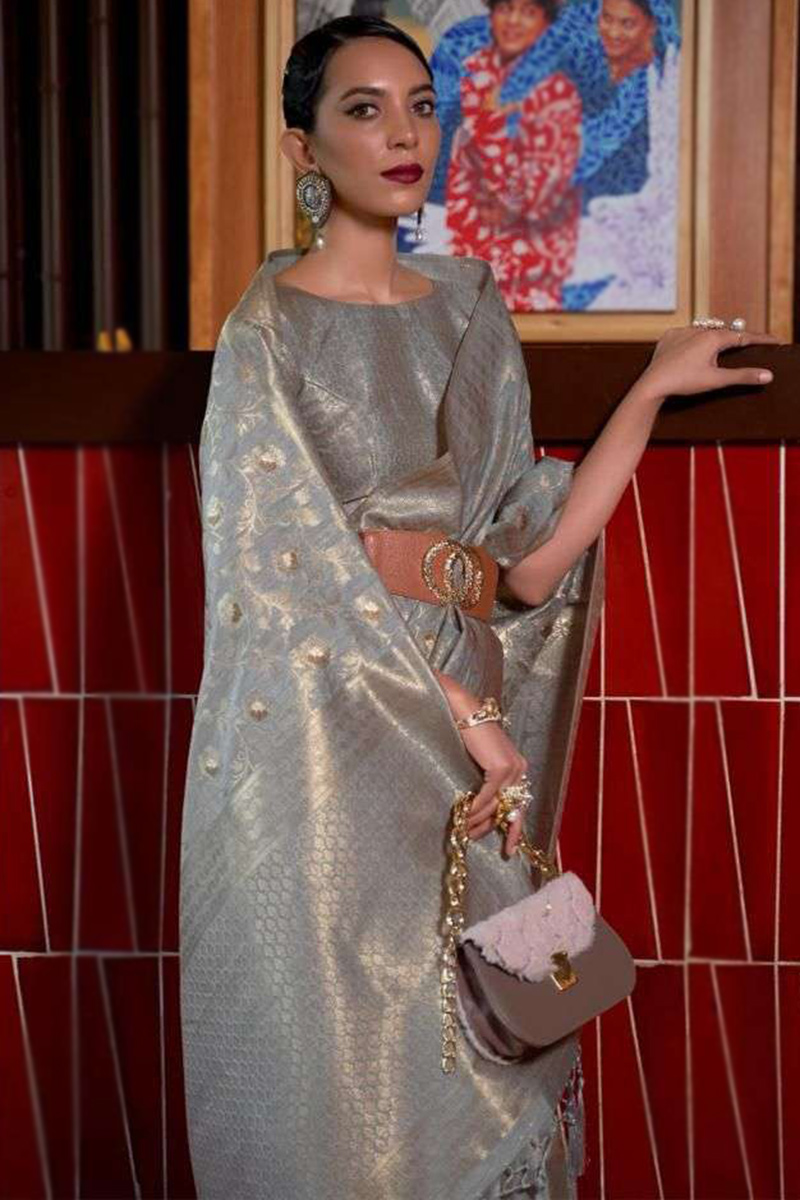 Dark Grey Silk Woven Zari Broad Border Saree |SARV163917