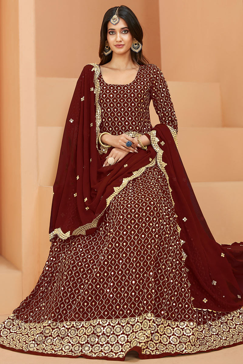 Dark Maroon Georgette Embroidered A Line Anarkali Suit LSTV129334