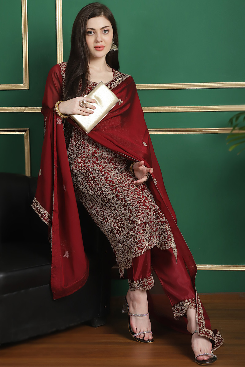 Dark Maroon Georgette Embroidered Straight Cut Trouser Suit LSTV128831