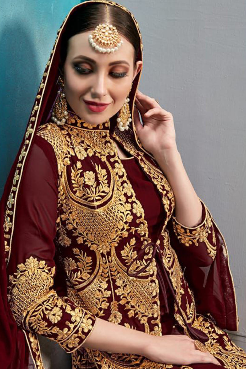 Buy Latest Style Dark Maroon Georgette Jacket Style Trouser Suit LSTV117280