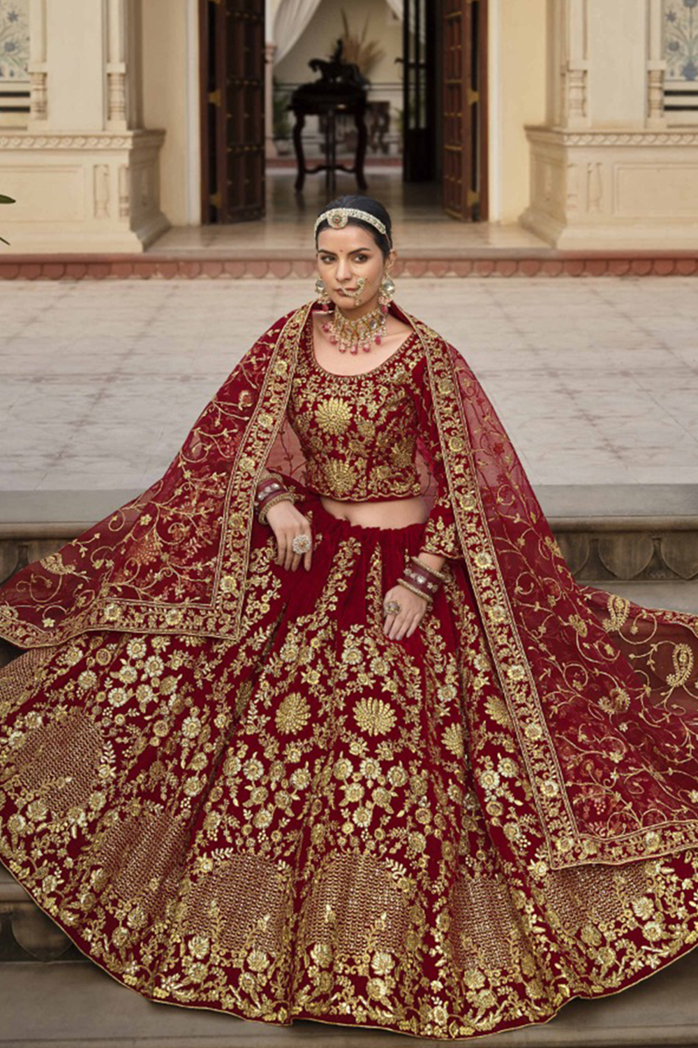 Dark Maroon Velvet Embroidered A Line Lehenga LLCV121242