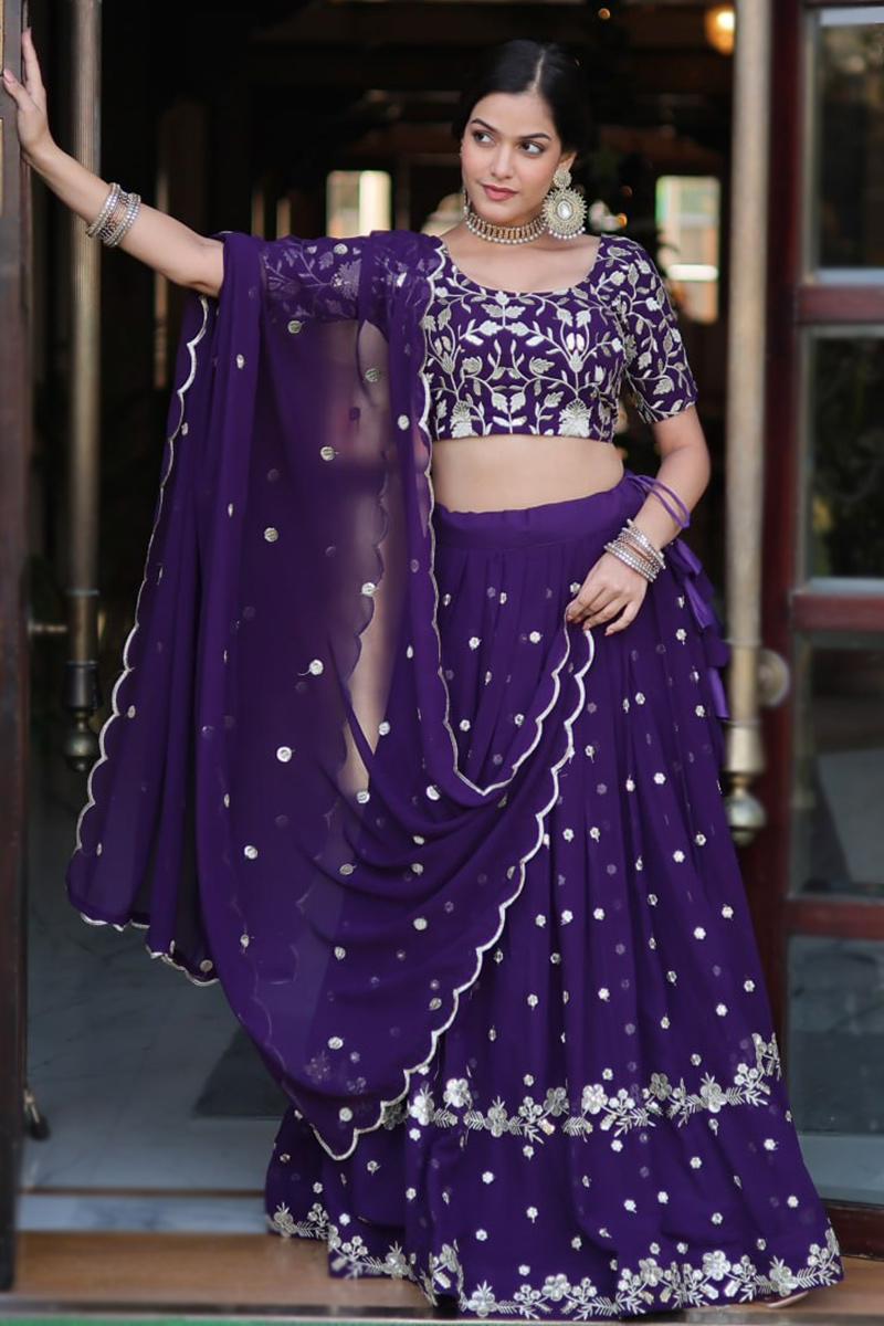 Dark Purple Georgette Embroidered Flared Lehenga LLCV117970