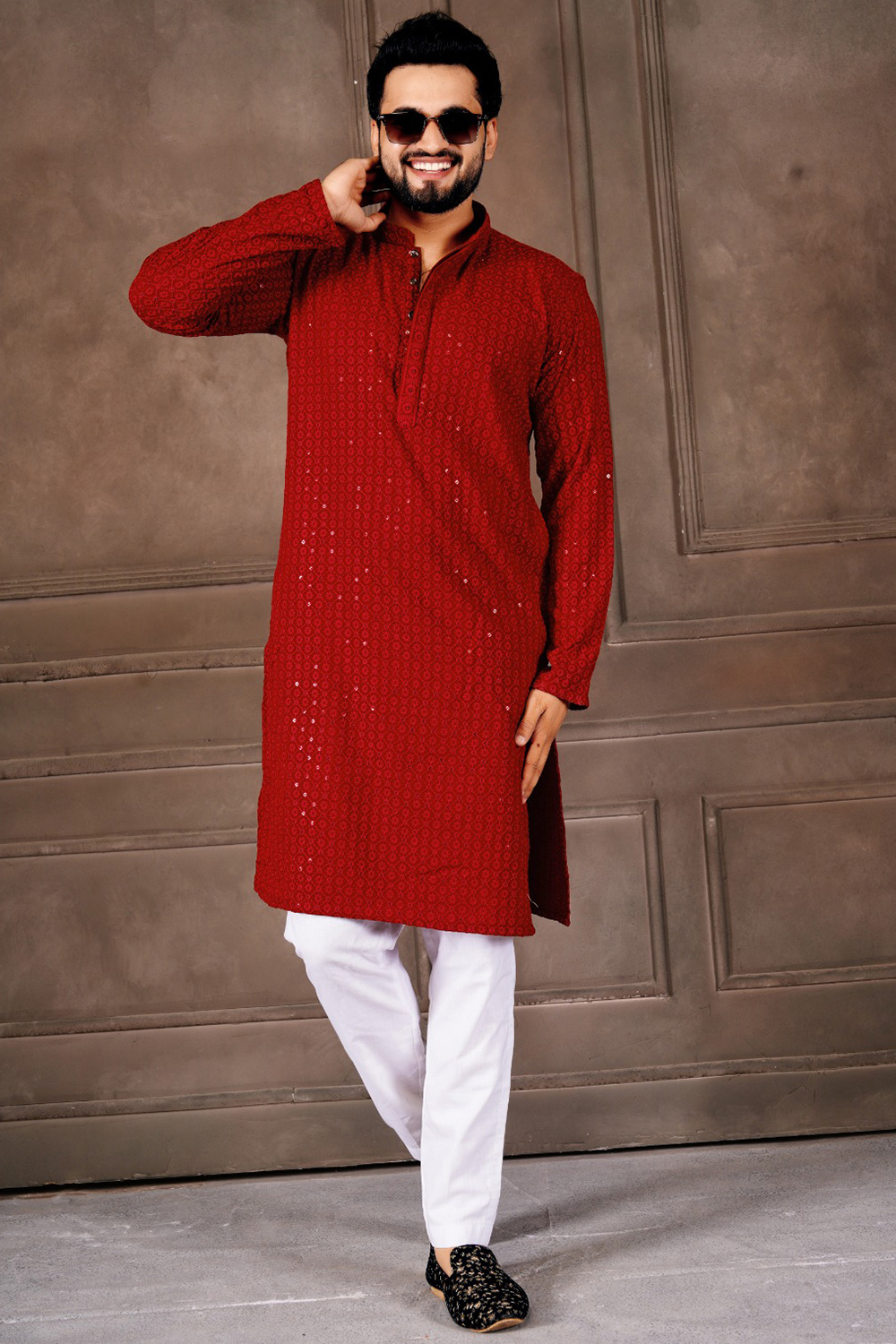Deep Red Cotton Rayon Embroidered Men's Kurta Pajama For Festival ...