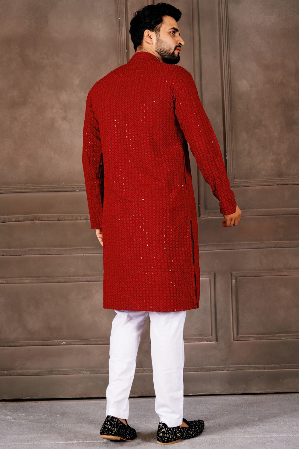 Deep Red Cotton Rayon Embroidered Men's Kurta Pajama For Festival ...