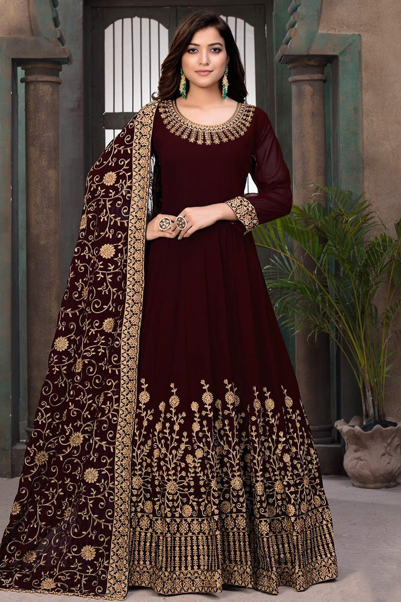 Stylist Zari Embroidered Deep Red Anarkali Suit LSTV111176