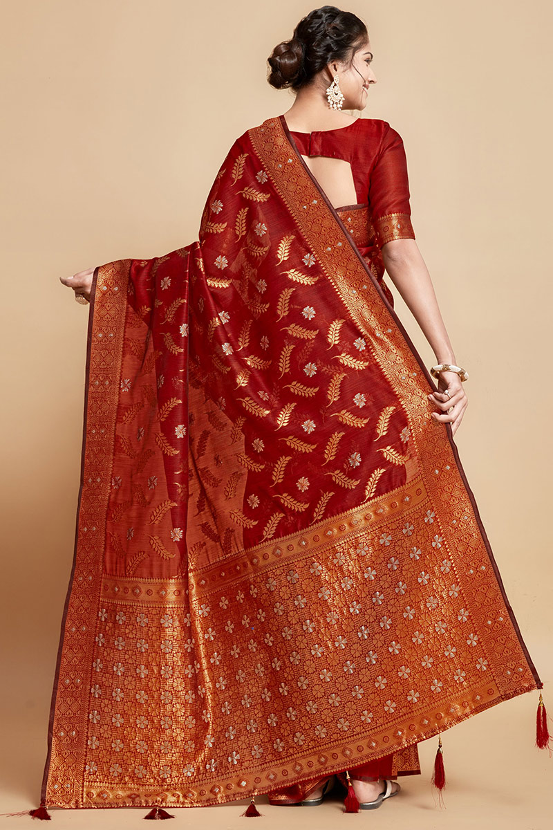 Deep Red Linen Woven Zari Saree|SARV147446