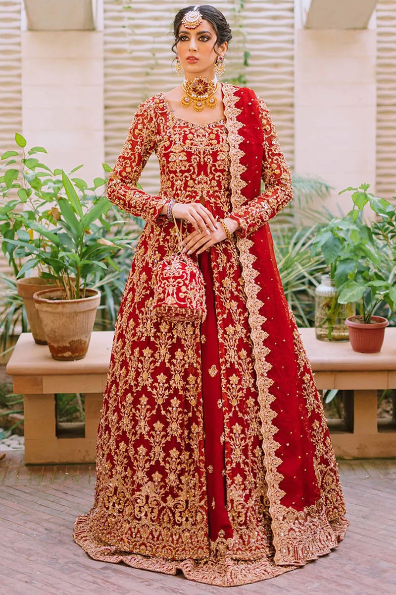 Deep Red Organza Embroidered Long Choli Lehenga LLCV113649