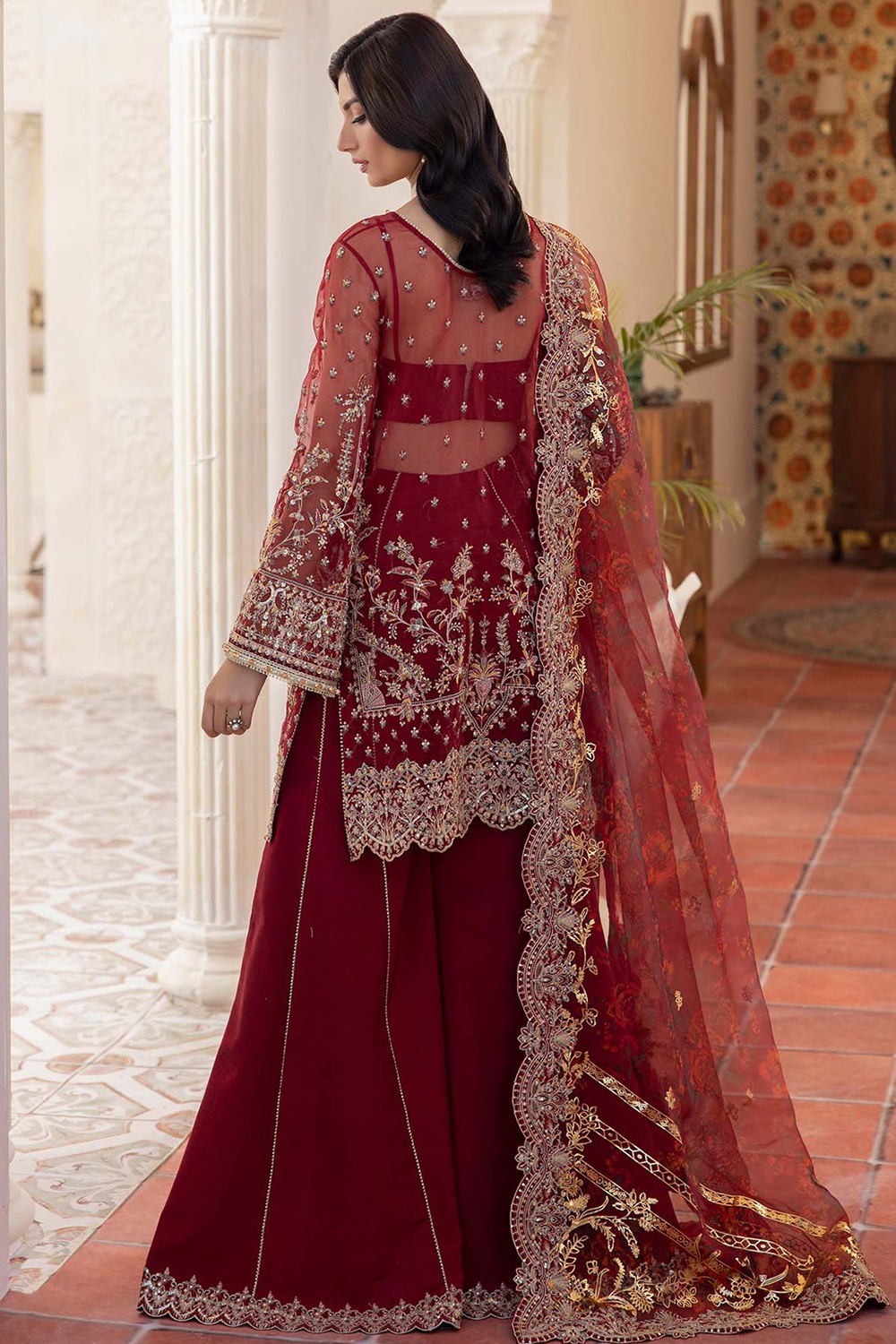 Deep Red Organza Embroidered Straight Cut Sharara Suit LSTV135398