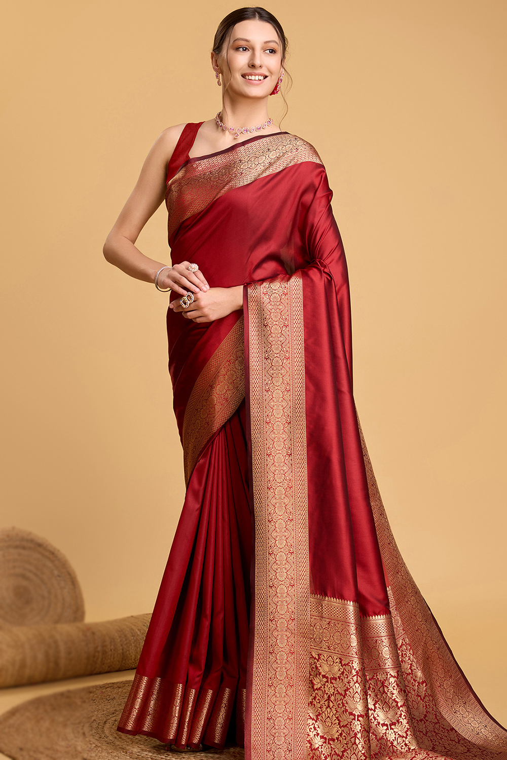 Deep Red Silk Woven Zari Broad Border Saree SARV183696