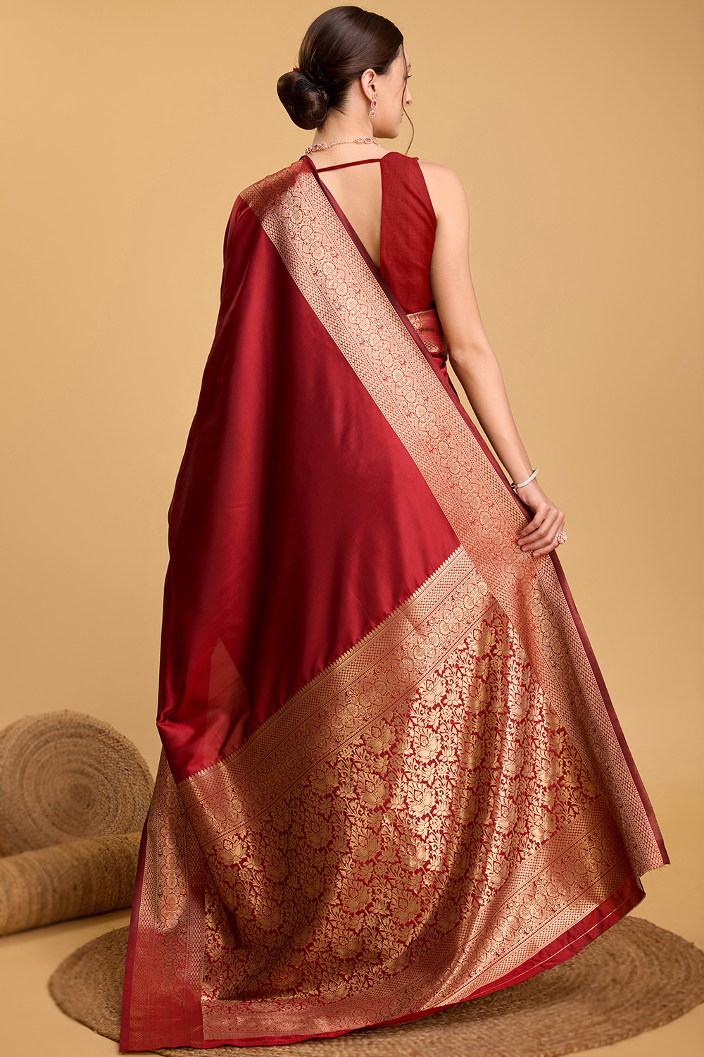 Deep Red Silk Woven Zari Broad Border Saree SARV183696