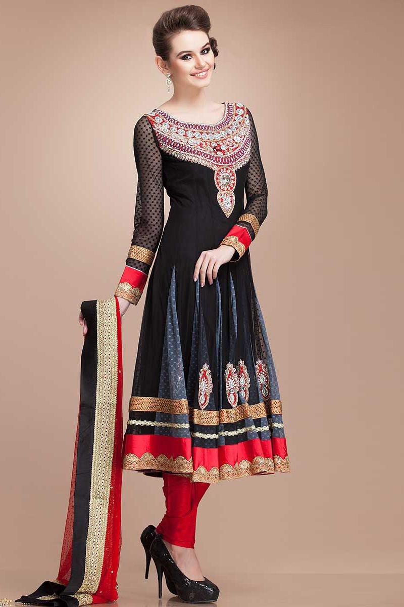 Black Designer Net Kalidar Churidar Suits - 1305