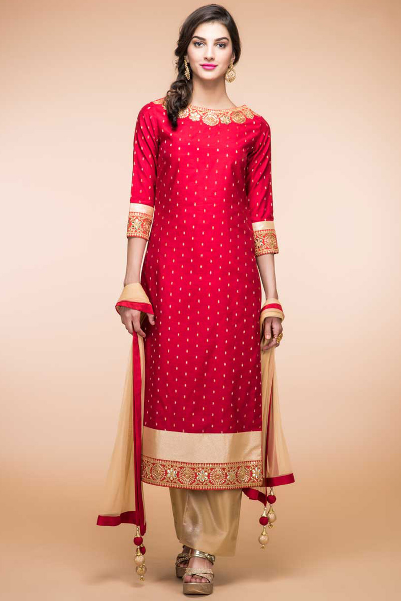 Buy Ruby Red Chanderi Silk Straight Pant Suit With Zari Work Online ...