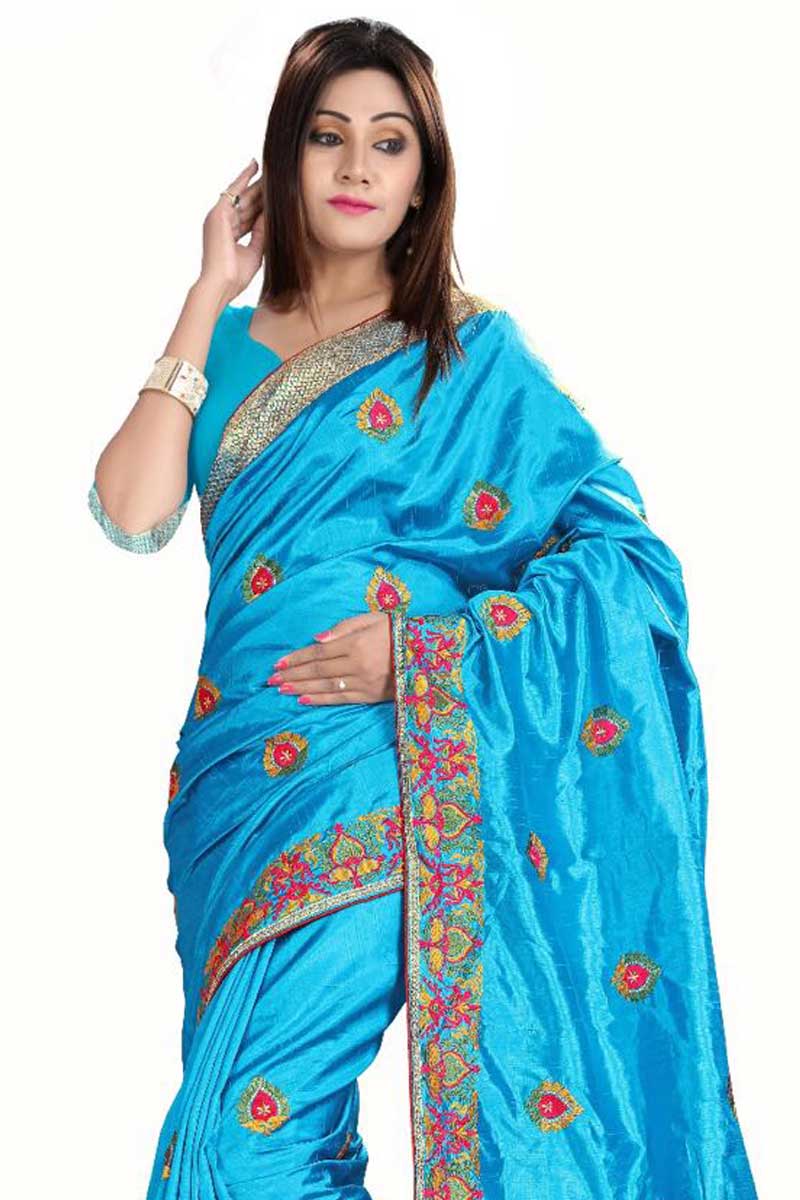 Designer Indian Firozi Blue Art Silk Saree With Art Silk Blouse - Dmv10446
