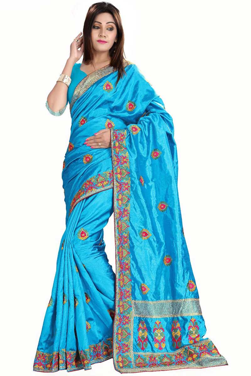 Designer Indian Firozi Blue Art Silk Saree With Art Silk Blouse - Dmv10446