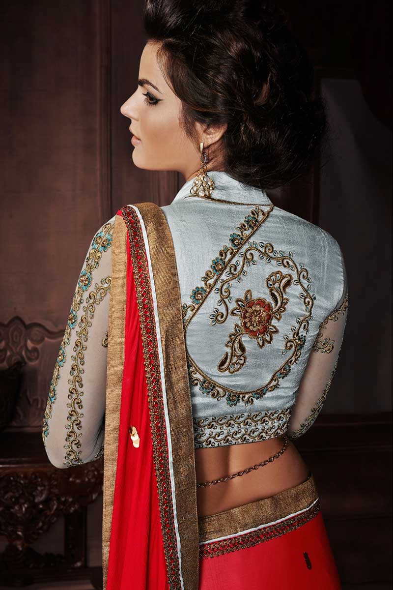 Blue Red Georgette Net Saree with Silk Blouse, Sari with Chinese Collar ...