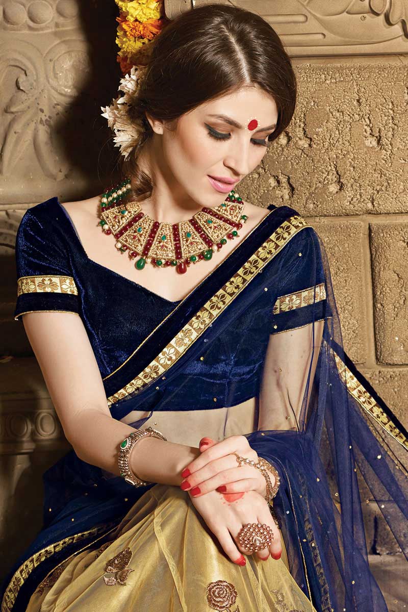 Online wedding saree, Blue velvet chaniya choli