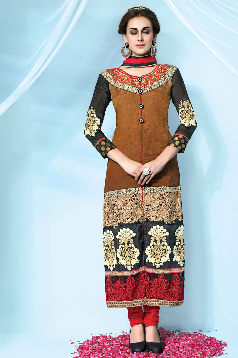 Suit Boat Neck Churidar Designs With Net Brown Art Silk Net Churidar ...