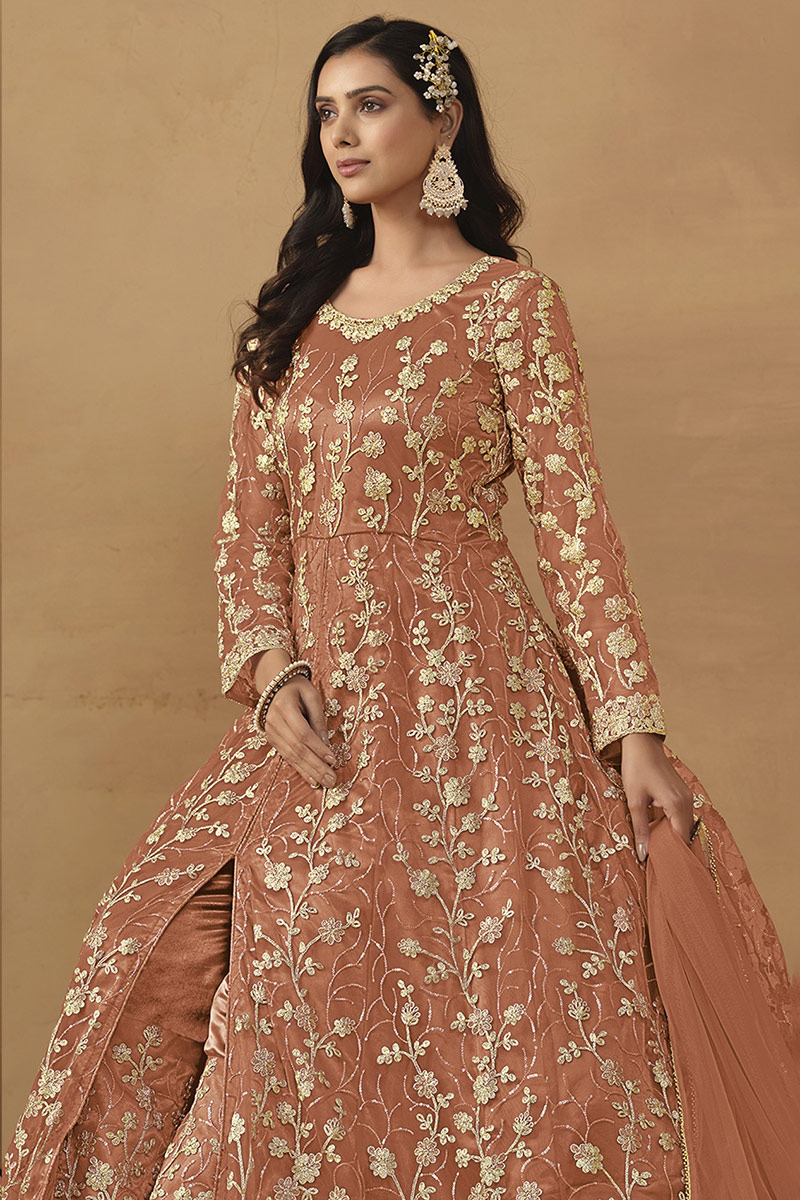 Dori Embroidered Salmon Orange Net Front Slit Anarkali Suit LSTV129777