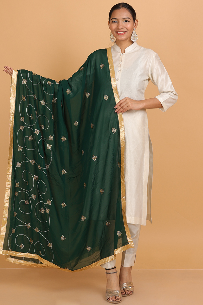 Dark Green Zari Embroidered Georgette Dupatta