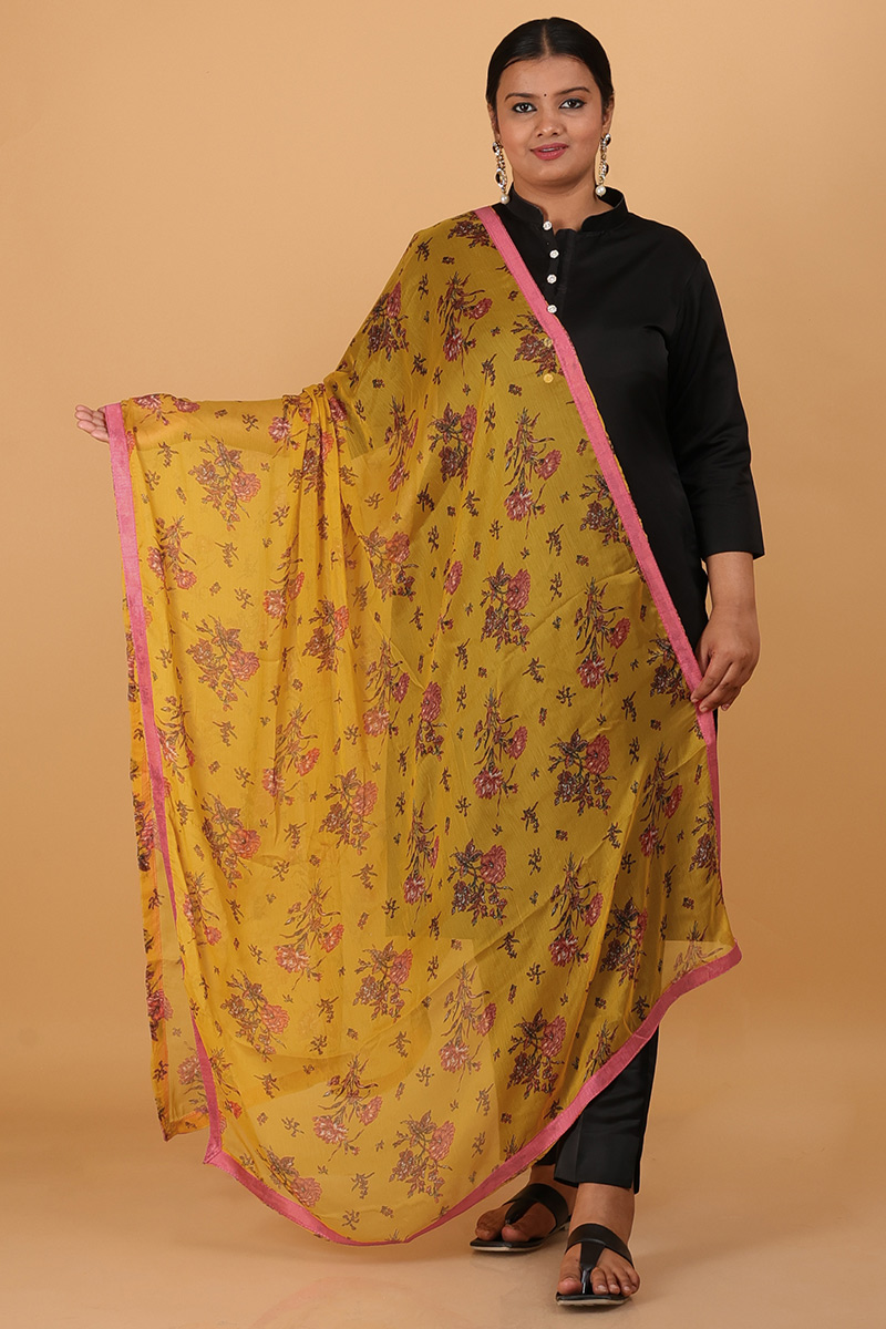 Mustard Yellow Chiffon Printed Dupatta