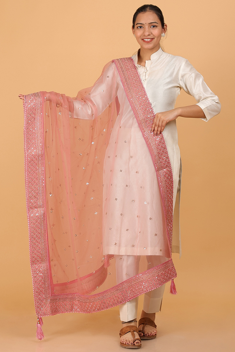 Light Pink Zari And Sequins Embroidered Lace Net Dupatta