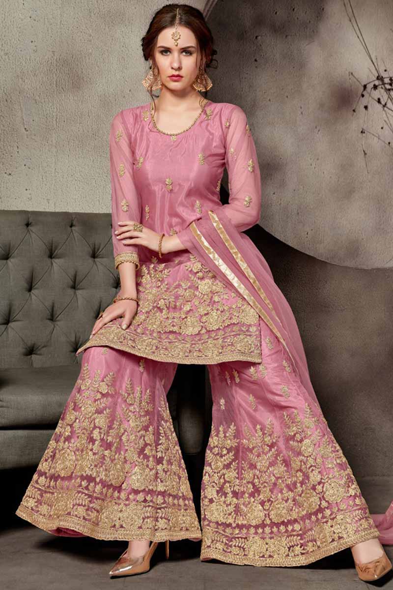 Buy Dusky Pink Net Sharara Suit With Dori Work Online - LSTV03153 ...