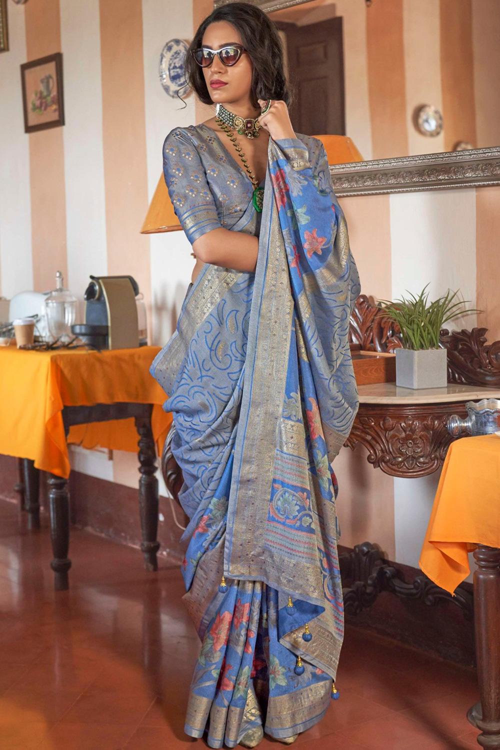 Dusty Blue Cotton Silk Weaved Saree For Festival - SARV1103816