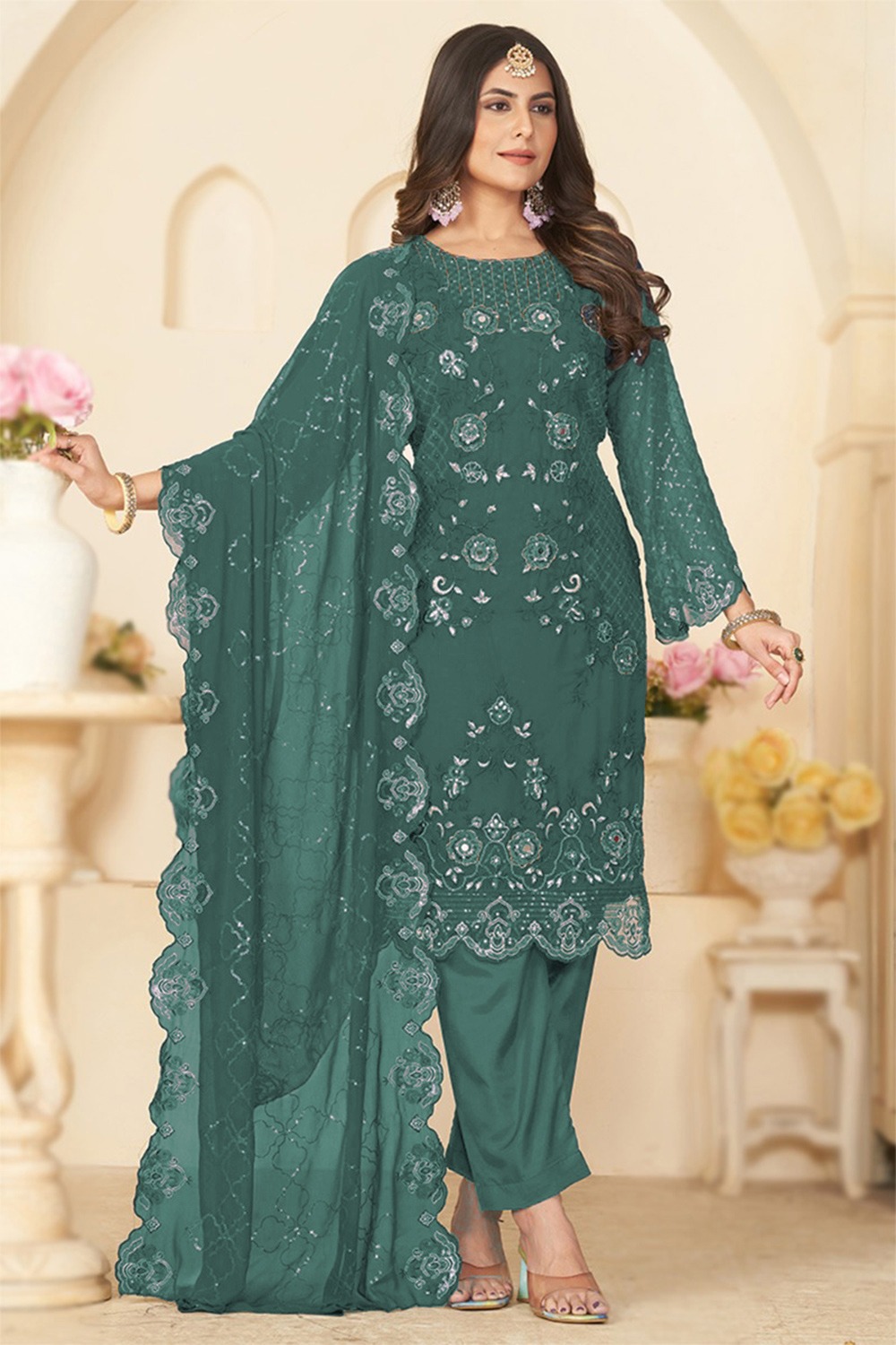 Dusty Green Georgette Embroidered Straight Cut Suit LSTV127672
