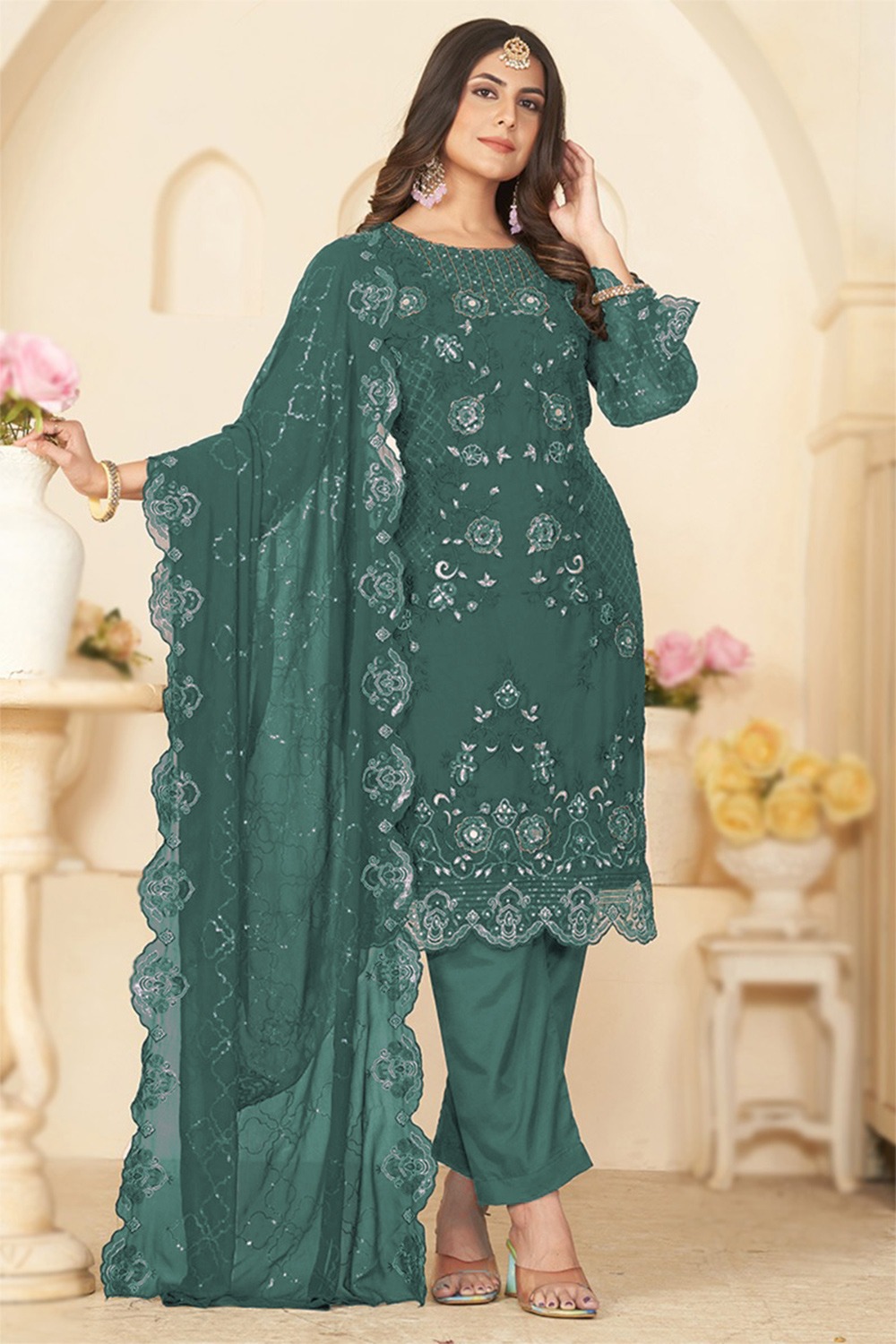 Dusty Green Georgette Embroidered Straight Cut Suit LSTV127672