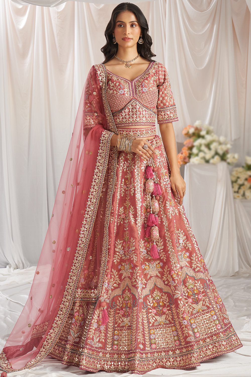 Dusty Pink Dori Embroidered Tissue Panelled Style Lehenga LLCV119898