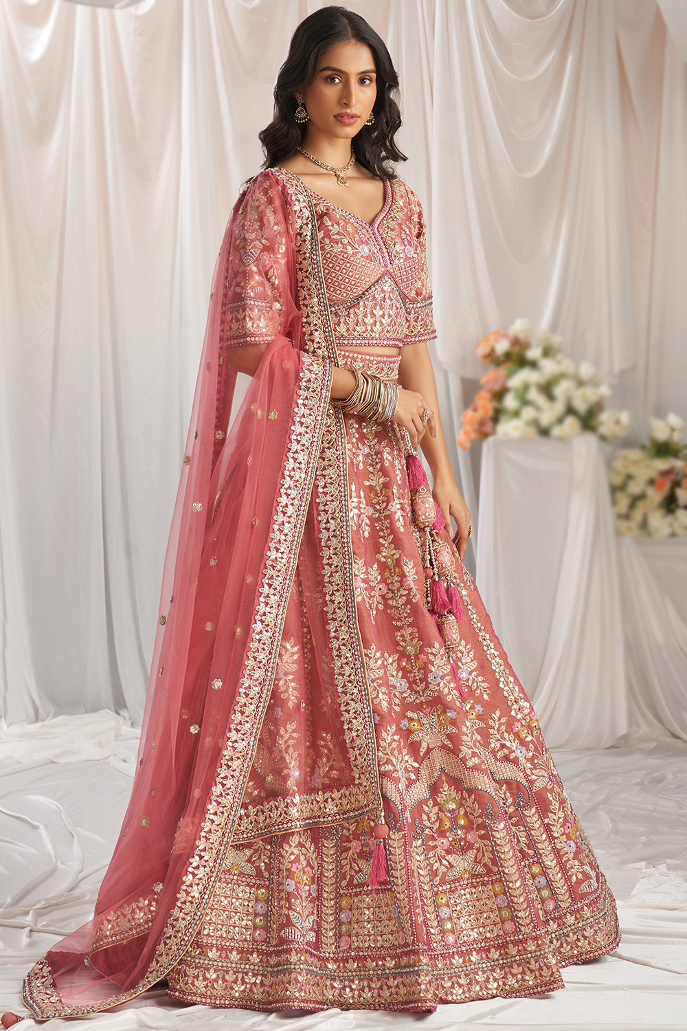 Dusty Pink Dori Embroidered Tissue Panelled Style Lehenga LLCV119898