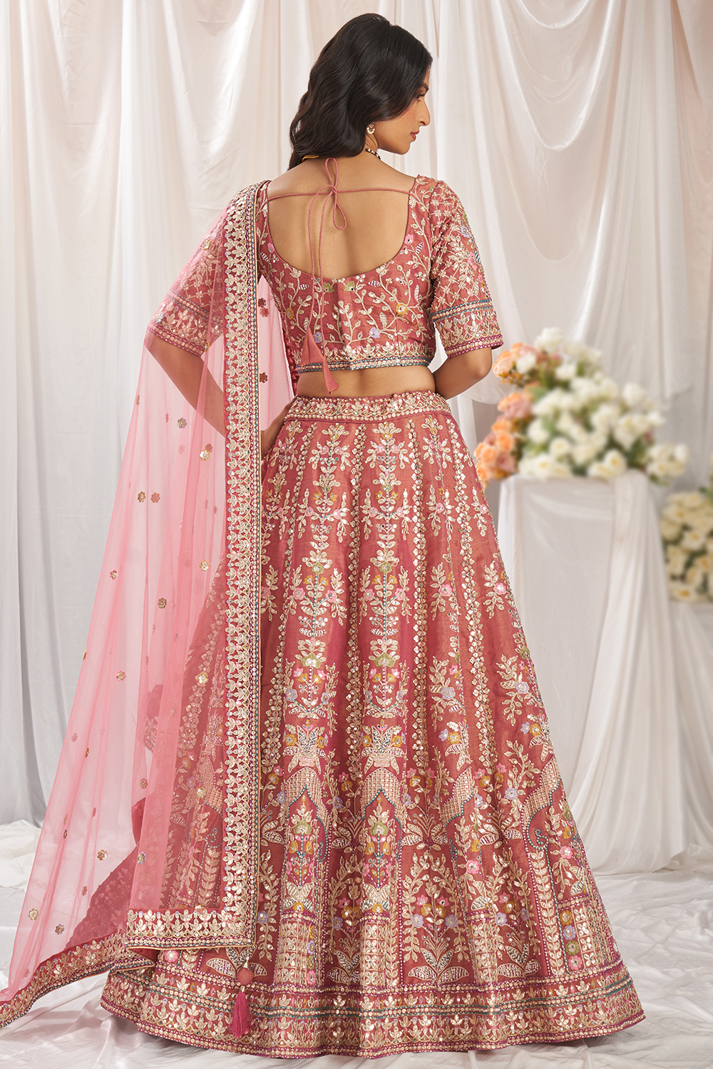 Dusty Pink Dori Embroidered Tissue Panelled Style Lehenga LLCV119898