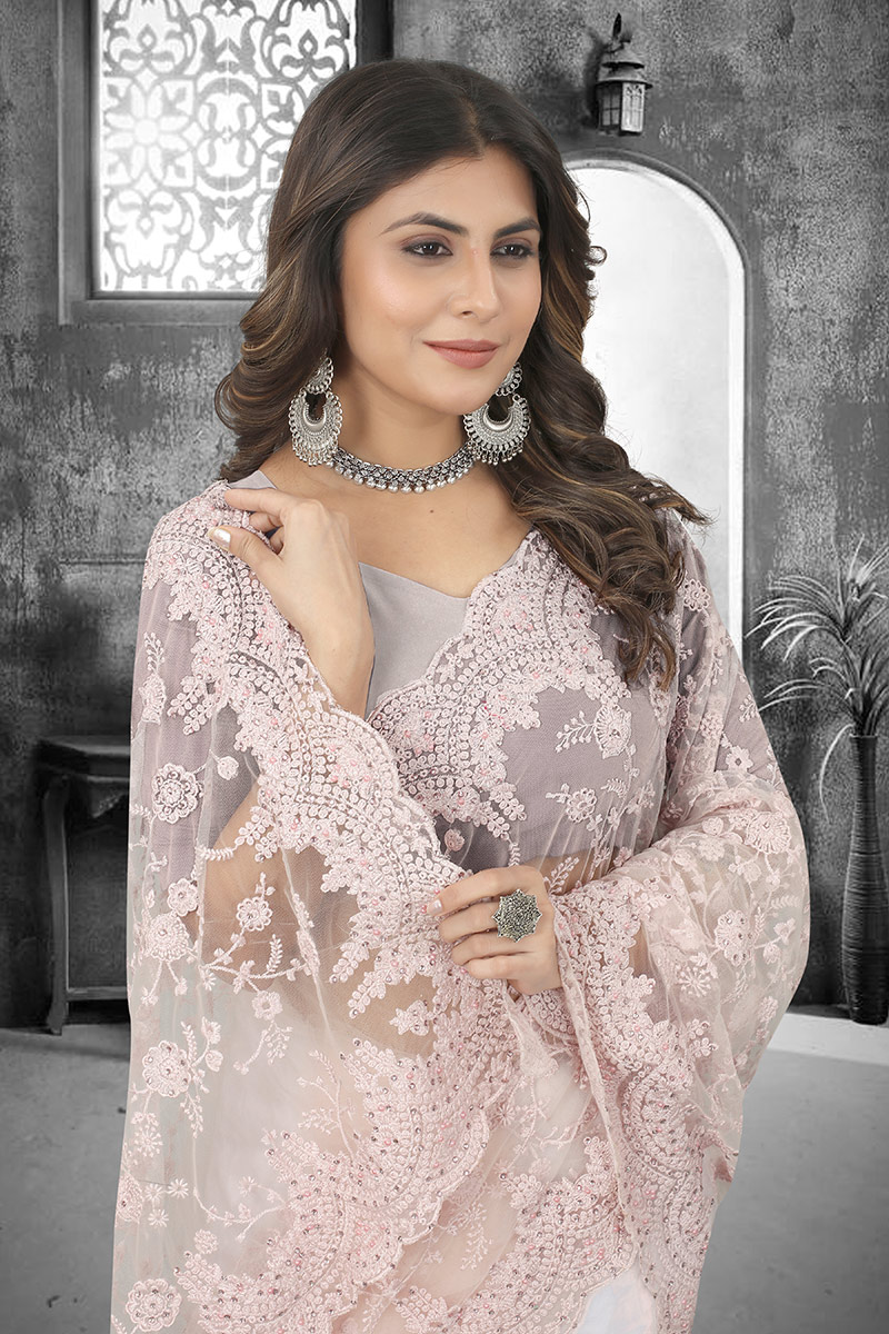 Dusty Pink Net Saree with Resham, Stone, and Thread Work, Matching ...