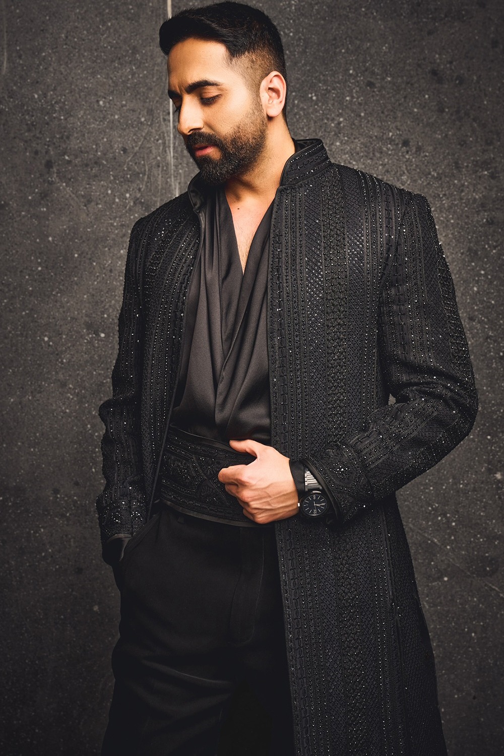Embroidered Black Silk Men's Jacket Style Sherwani MSTV04260
