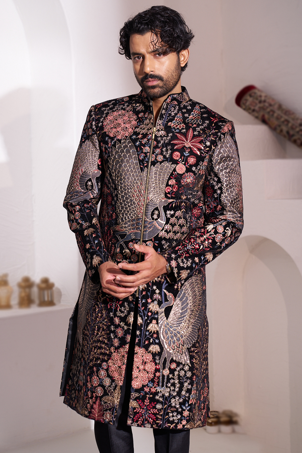 Embroidered Black Velvet Achkan Style Men's Sherwani MSTV03930