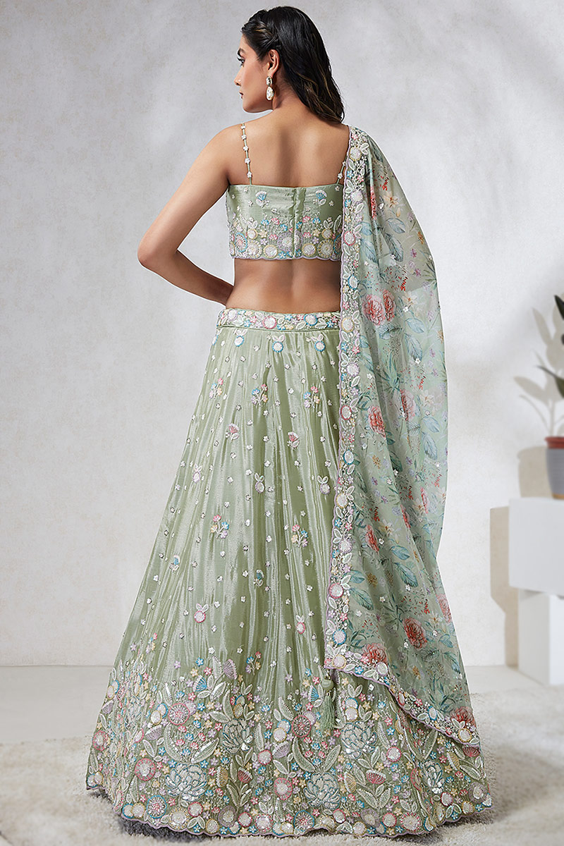 Embroidered Chiffon Sage Green Panelled Style Lehenga LLCV118256