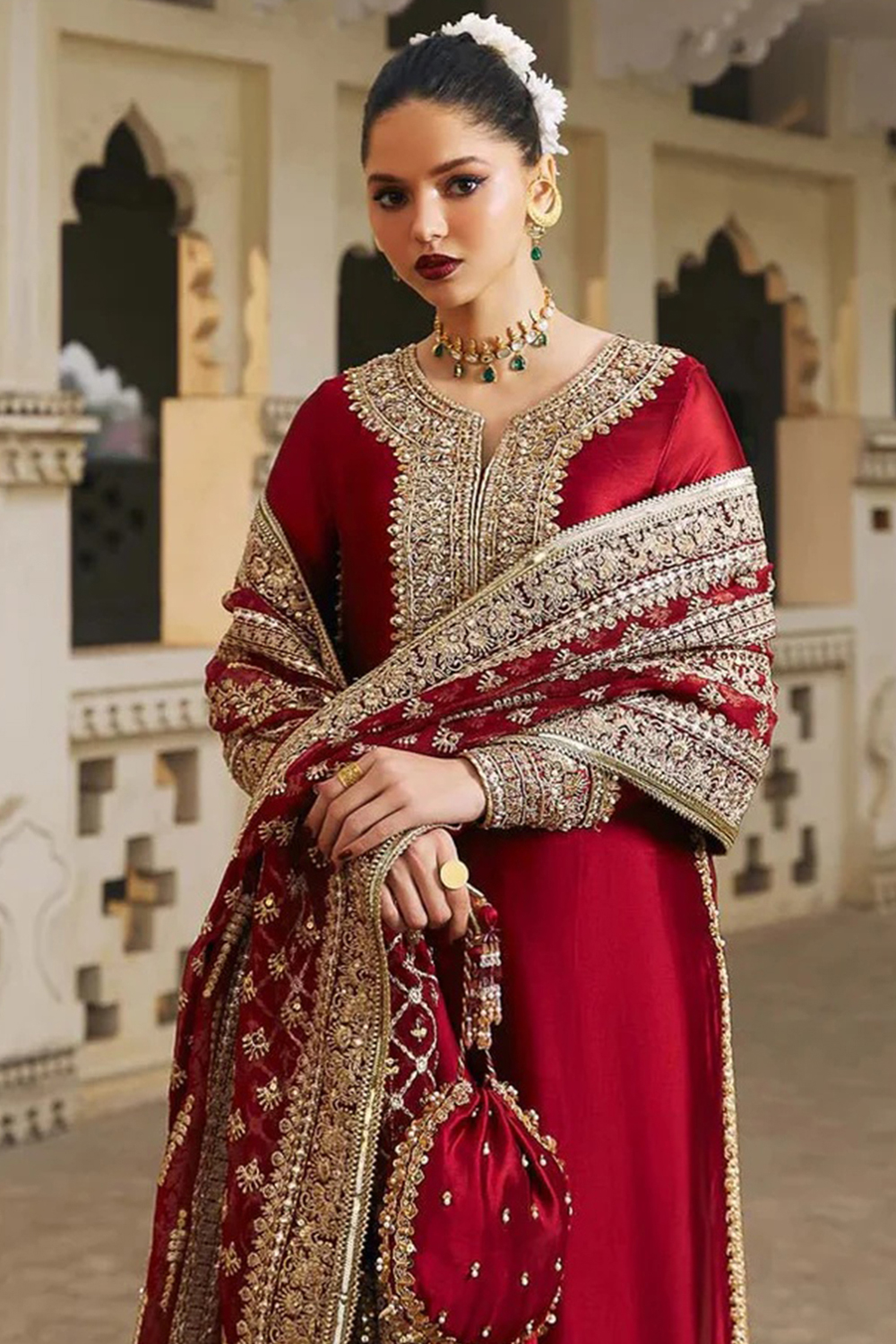 Embroidered Deep Red Silk Straight Cut Trouser Suit LSTV134377