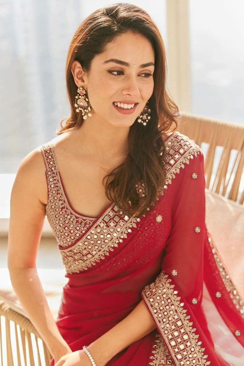 Embroidered Georgette Cherry Red Light Weight Saree SARV176783