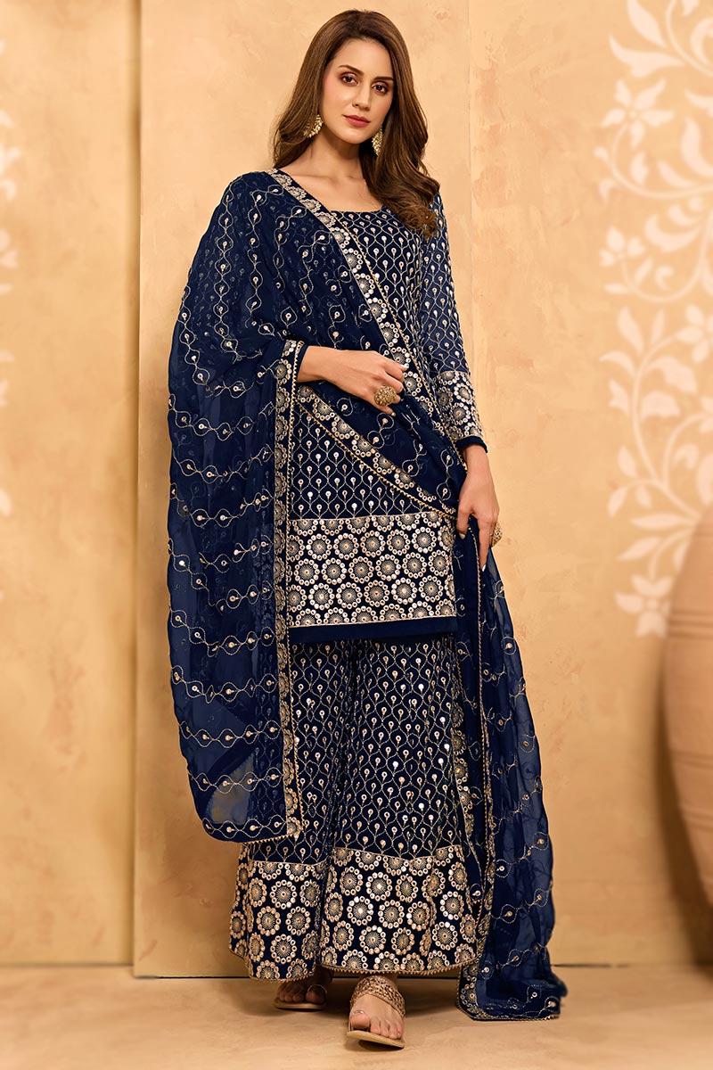 Bollywood Faux Mirror Embroidered Dark Blue Sharara Suit LSTV117521