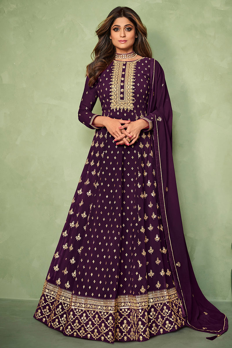 Step Out in Style Anarkali Suit in Dark Purple Embroidered Fabric ...